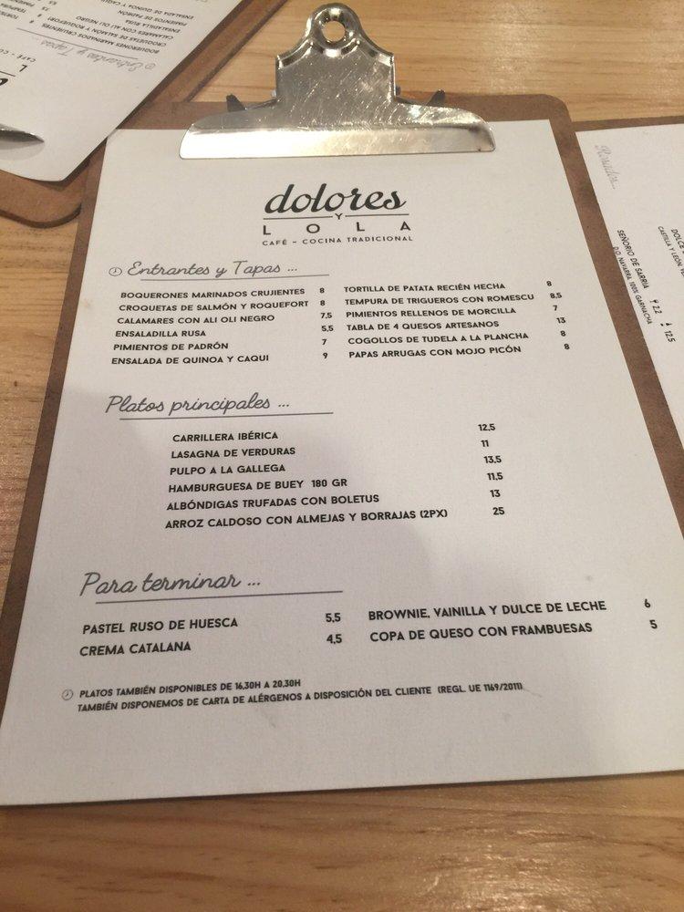 Menu at Dolores y Lola restaurant, Madrid