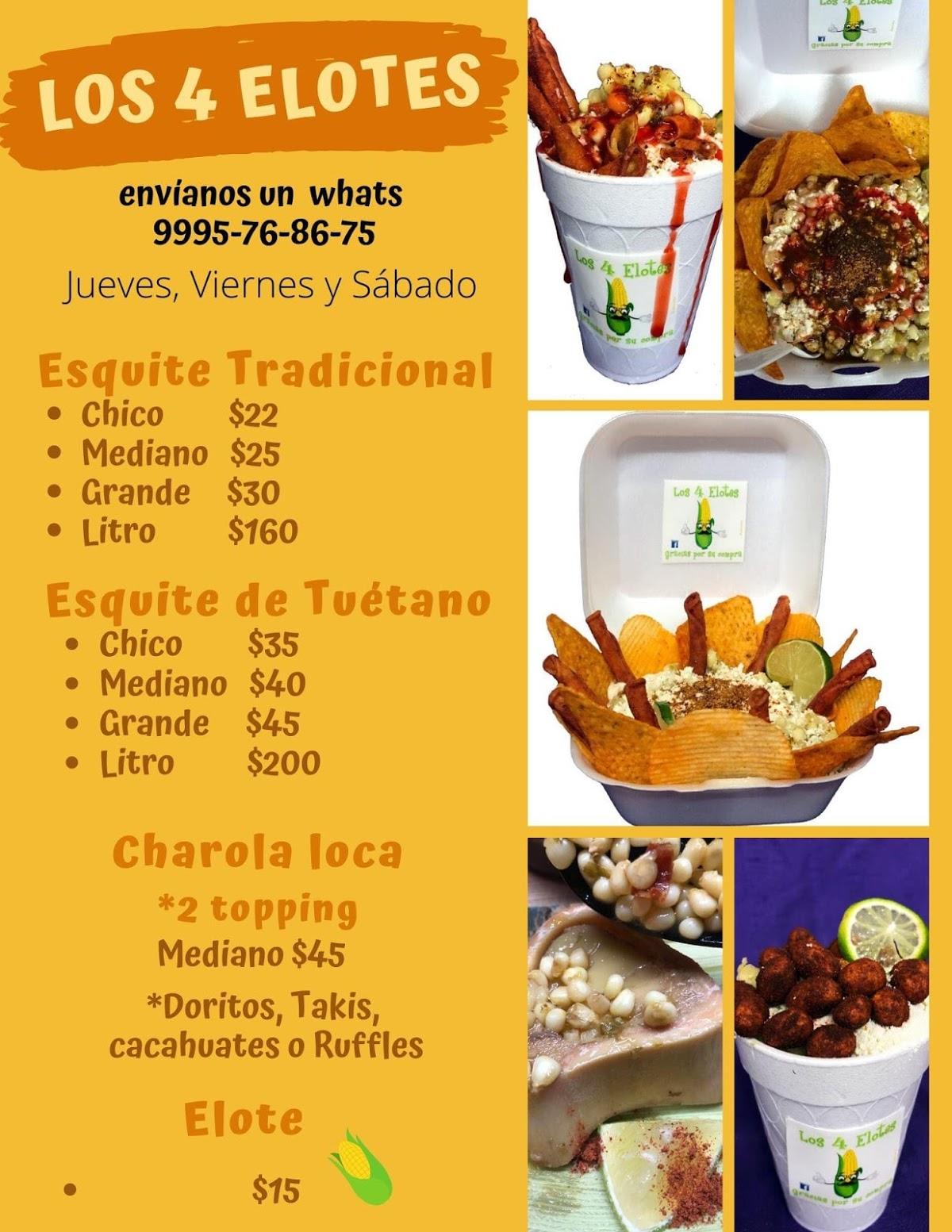 Menu at Los 4 Elotes, elotes y esquites tradicionales y con tuétano ...
