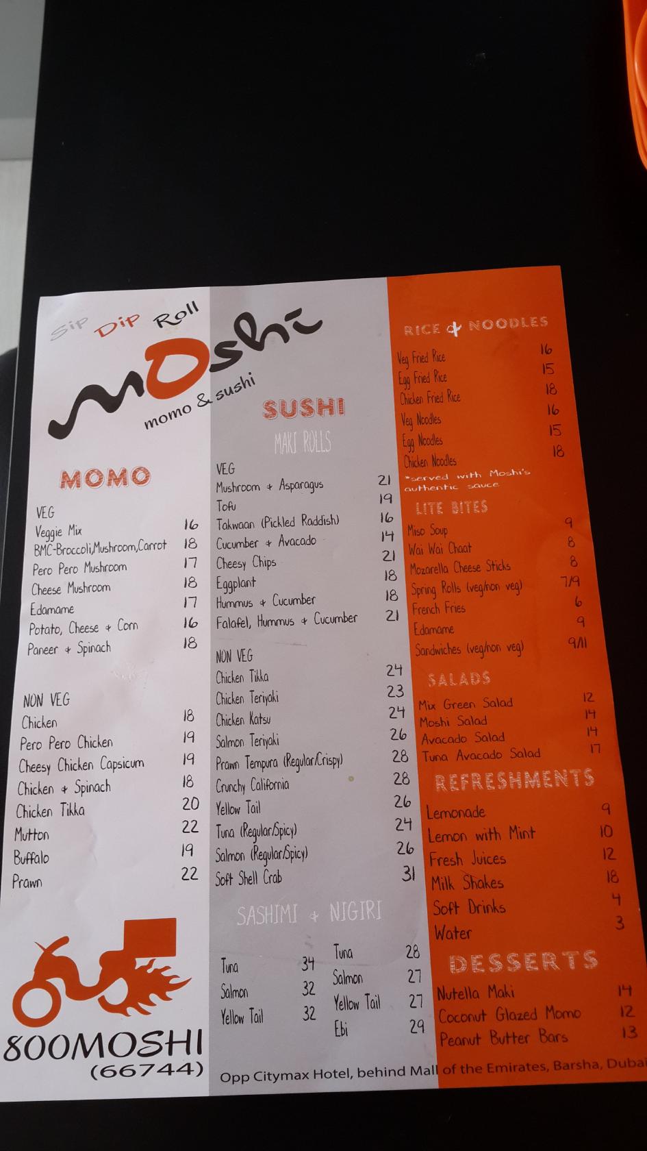 Carta del restaurante Moshi, Dubai, Shop No. 23