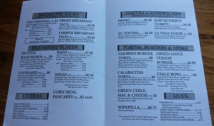 Menu at Original Taco restaurant, Morrison