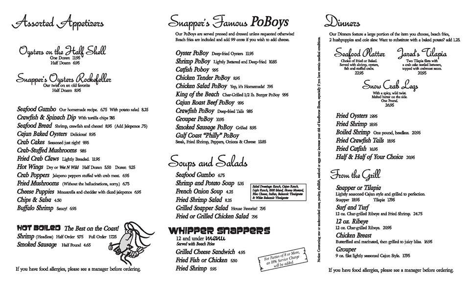 Menu at Snapper's Seafood restaurant, Biloxi, Beach Blvd