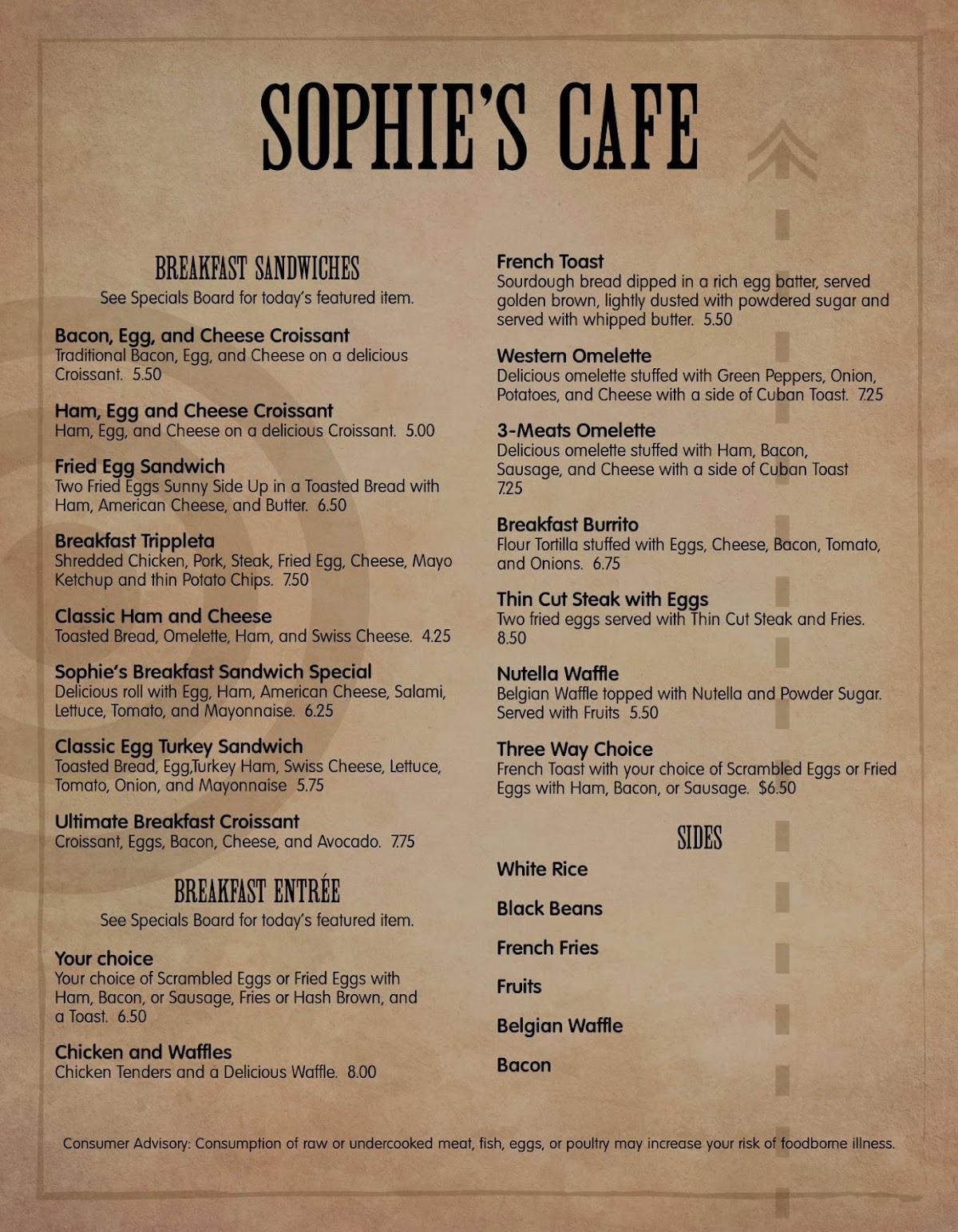 Menu at Sophie’s Cafe, Sebring