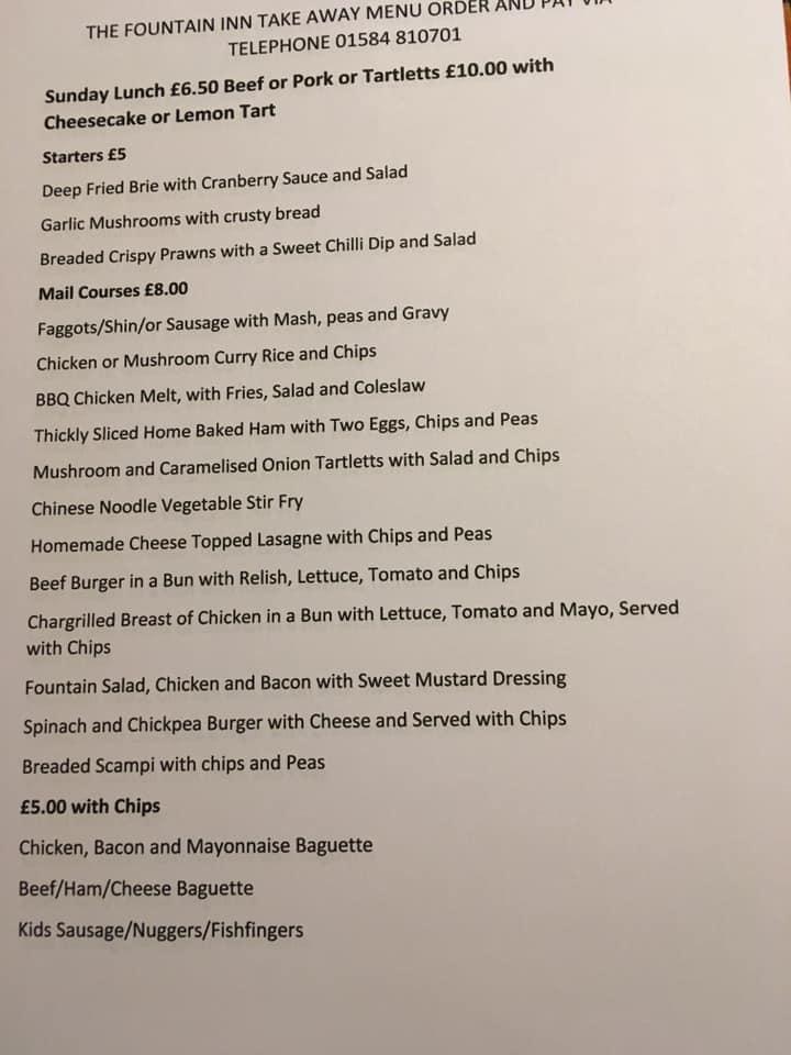 Menu at The Fountain Inn pub & bar, Tenbury Wells, Oldwood Rd