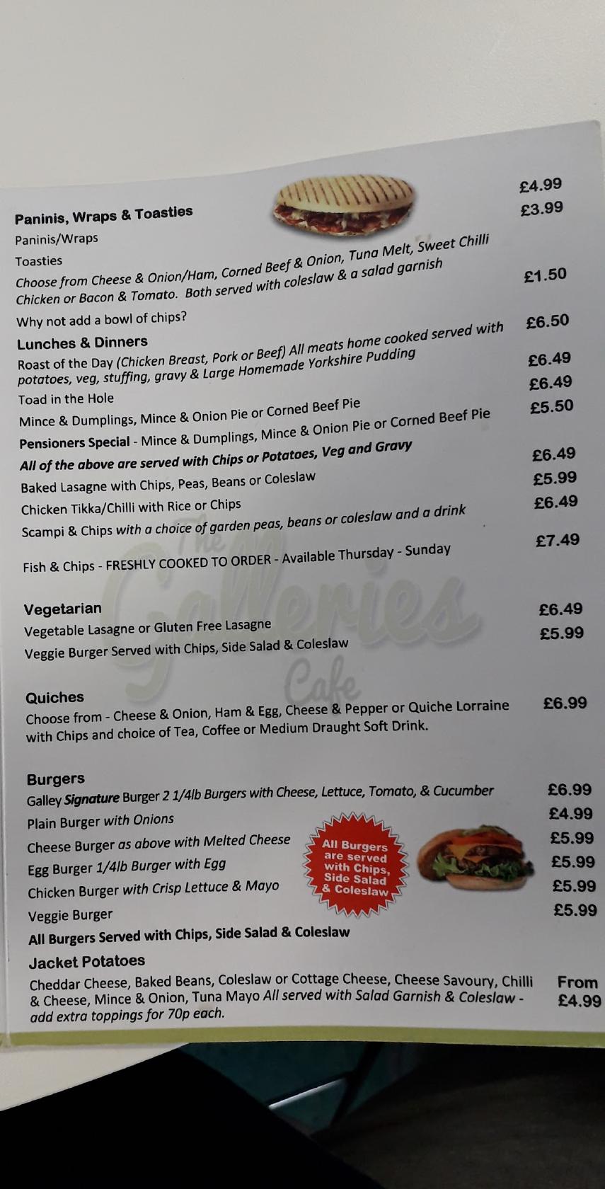 Menu at The Galleries cafe, Hartlepool