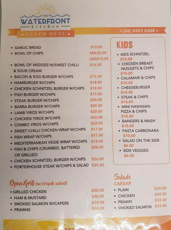 Menu at The Waterfront Kitchen restaurant, East Arnhem, Gove
