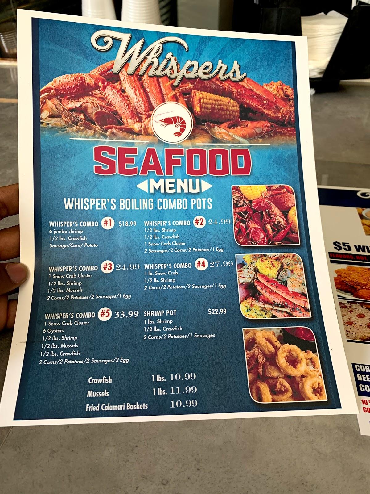 Menu at Whispers Oysters & crabhouse restaurant, Jacksonville