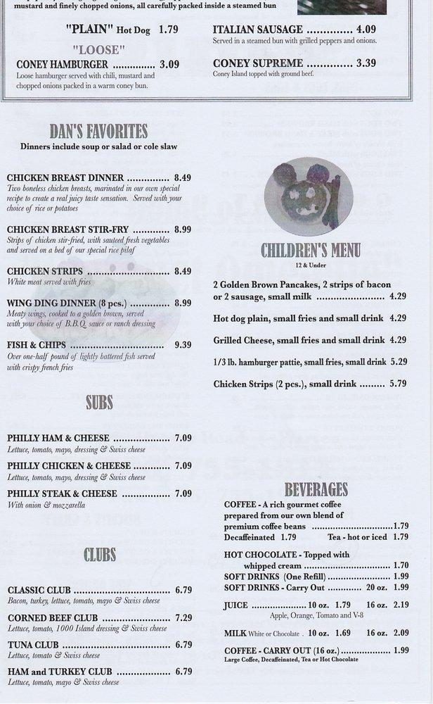 Menu at Dan's Diner restaurant, Warren