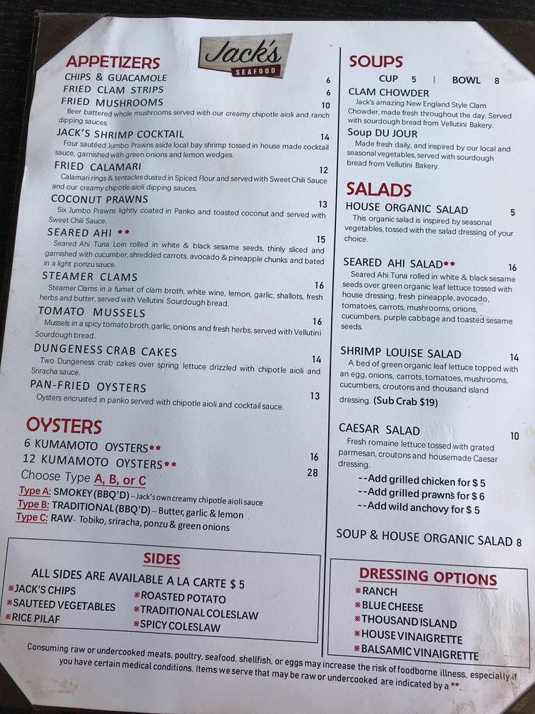 Menu at Jack's Seafood restaurant, Eureka