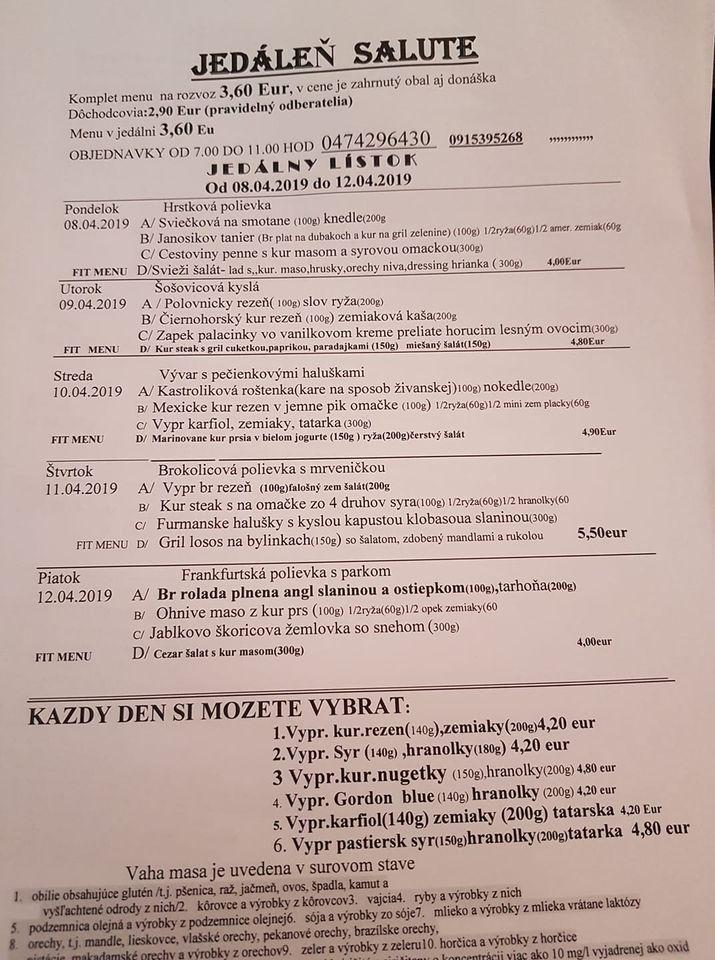 Menu at Reštaurácia Salute restaurant, Rimavská Sobota