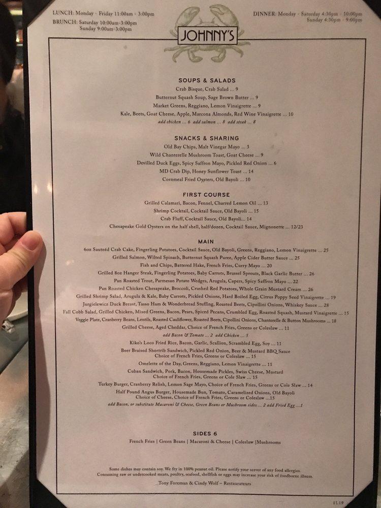 Menu at Johnny's pub & bar, Baltimore, Roland Ave