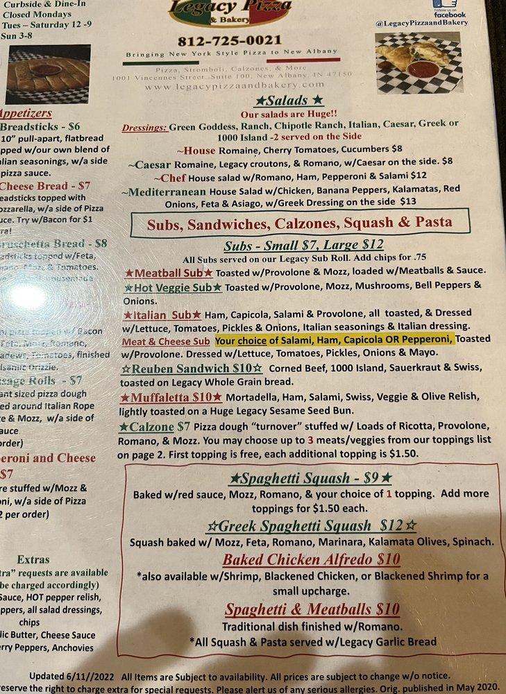 Menu at Legacy Pizza & Bakery, New Albany