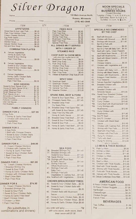 Menu at Silver Dragon restaurant, Roseau