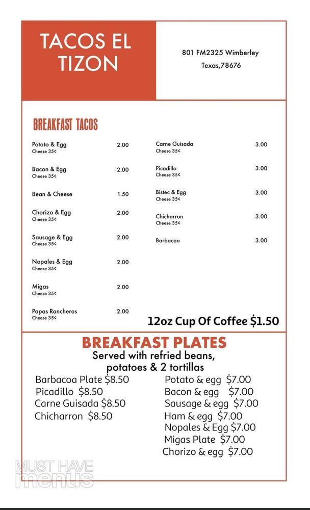 Menu at Tacos El Tizon restaurant, Wimberley, 801 FM2325