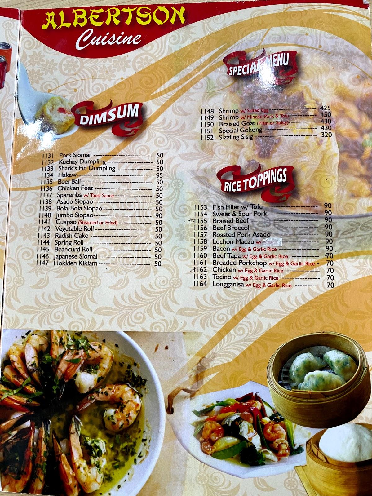Menu at Albertson restaurant, Tarlac City