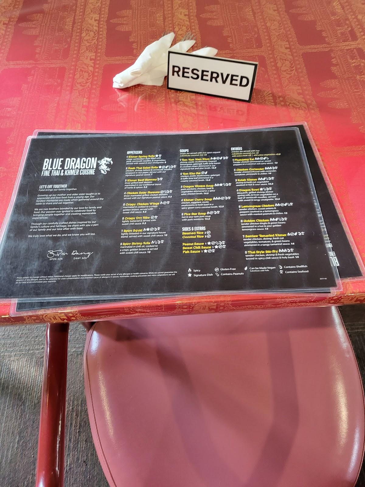 Menu at Blue Dragon Fine Thai & Cambodian Cuisine restaurant, Red Deer
