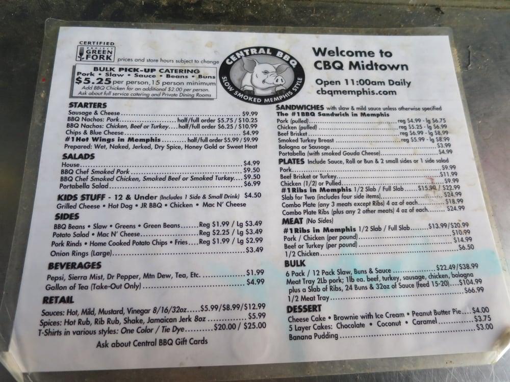 Menu at Central BBQ - Midtown (Food Truck), Memphis, Central Ave