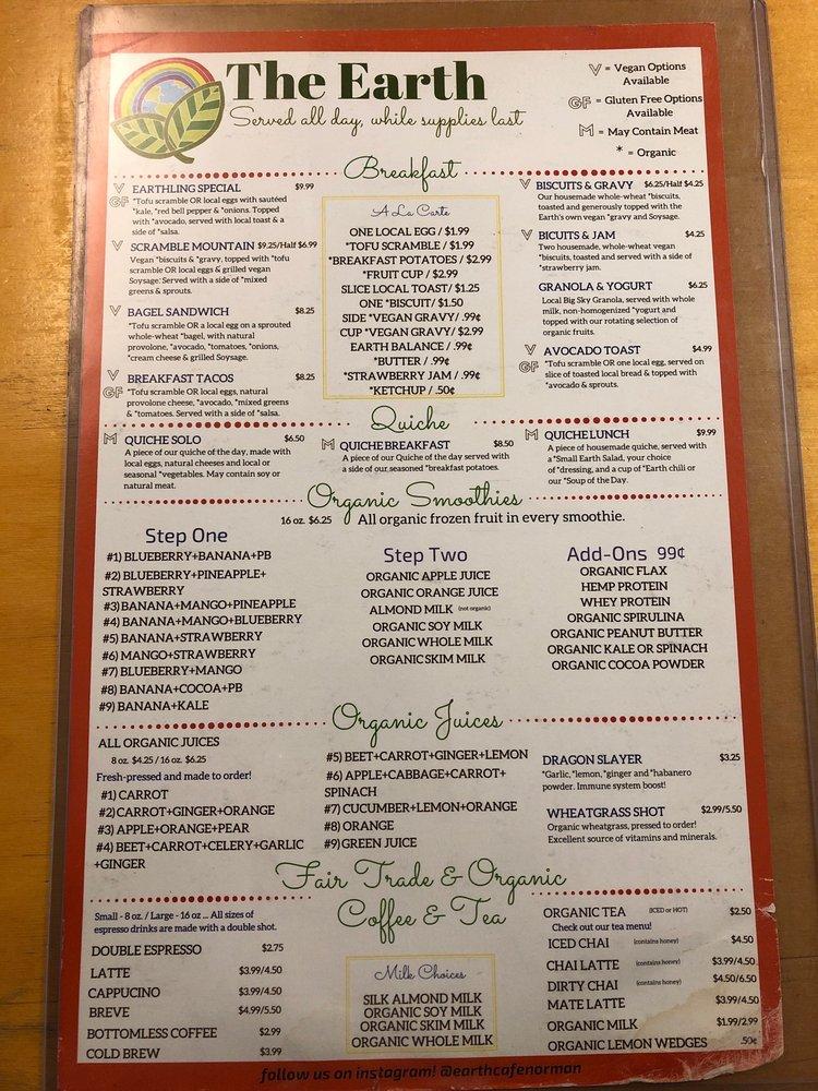 Menu at The Earth Café & Deli pub & bar, Norman