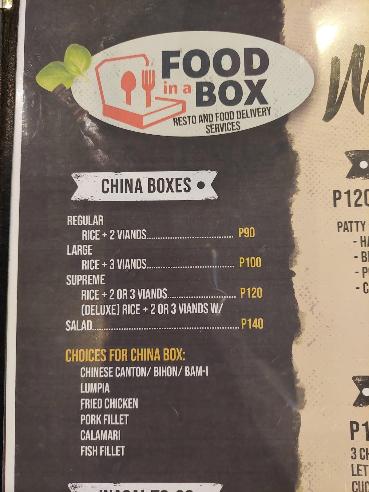 Menu at Food in a Box restaurant, Bislig
