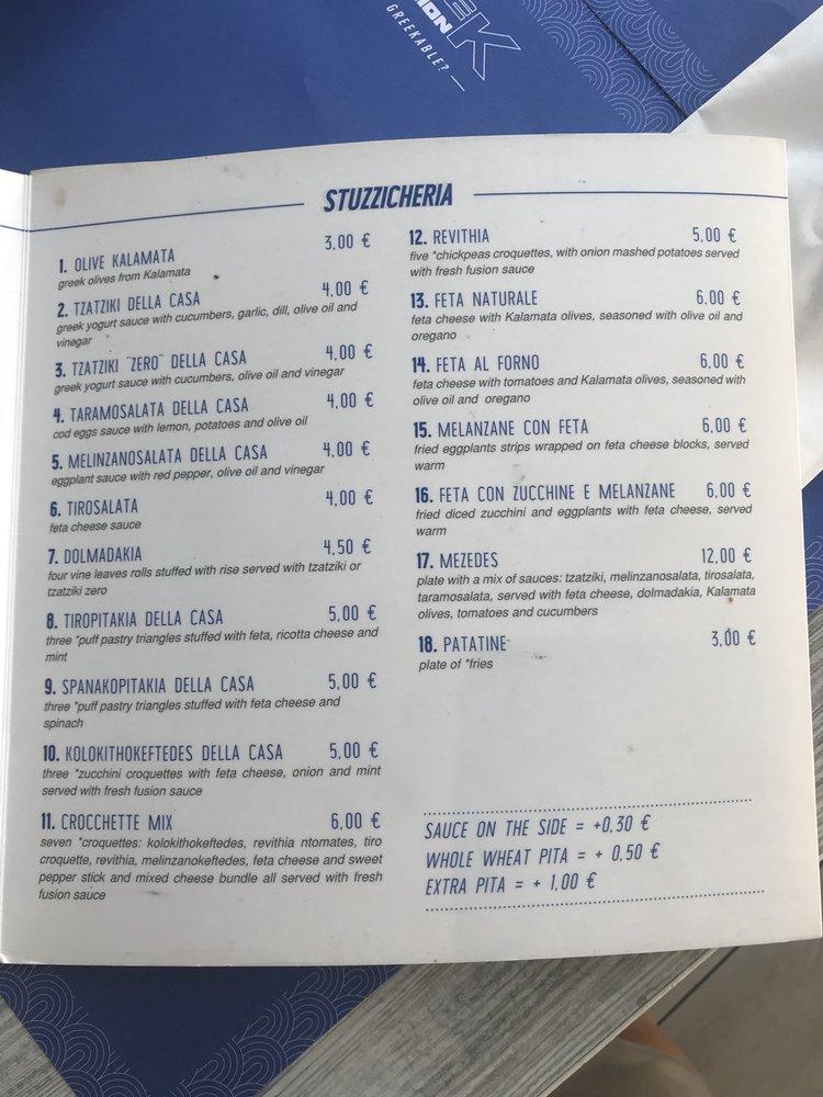 Menu at Greek Fusion restaurant, Milan, Ripa di Porta Ticinese