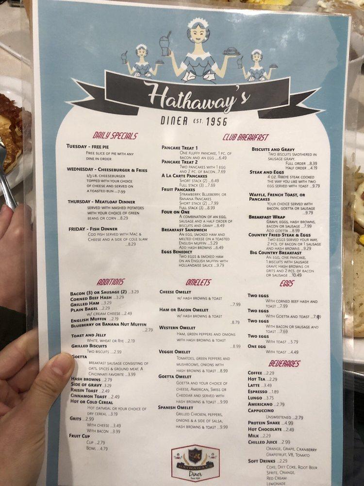 Menu at Hathaway's Diner restaurant, Cincinnati