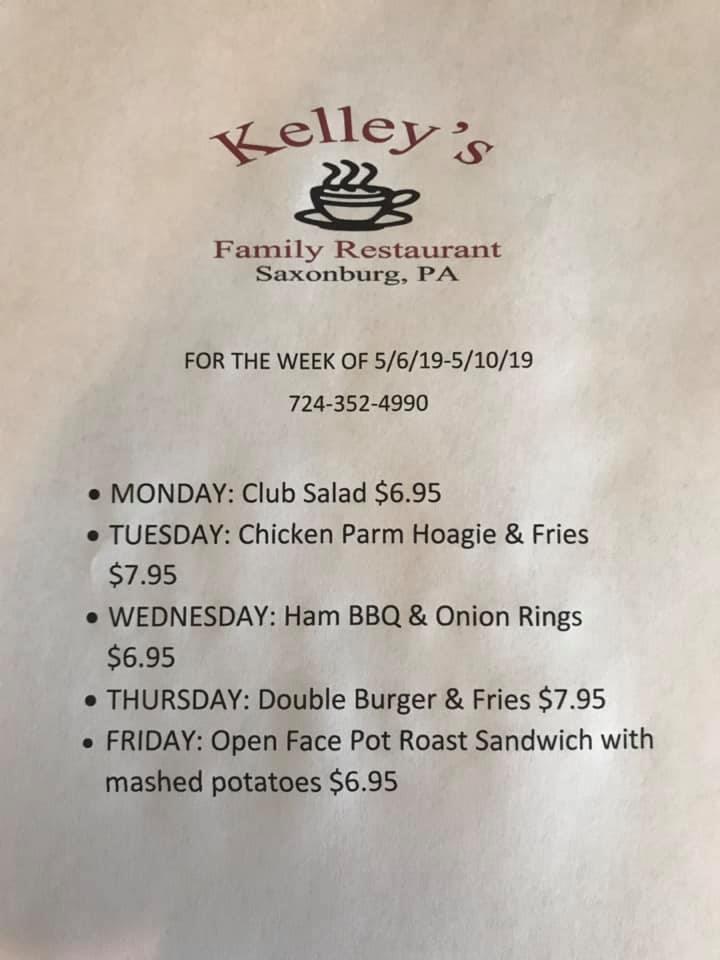Menu at Kelley's Family Restaurant, Saxonburg, 130 W Main St
