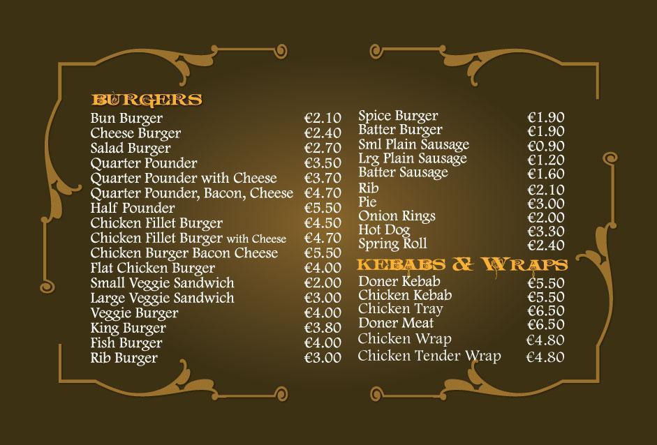 Menu at The Marian restaurant, Waterford