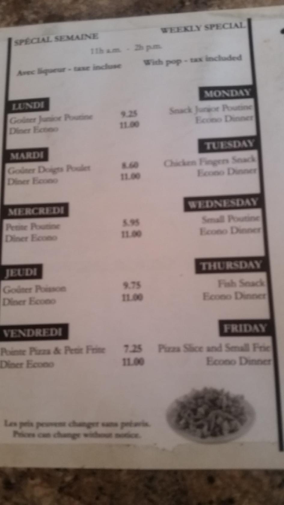 Menu at Dixie Lee restaurant, Neguac