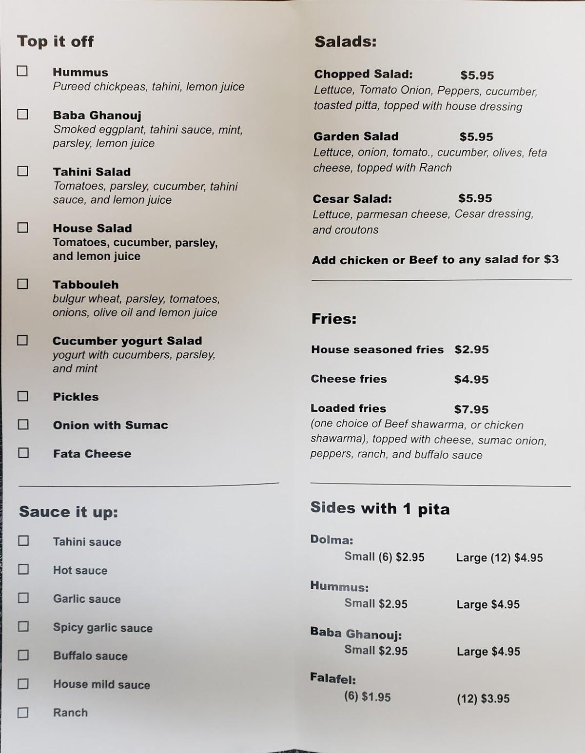Menu at Hala's Grill restaurant, West Lafayette