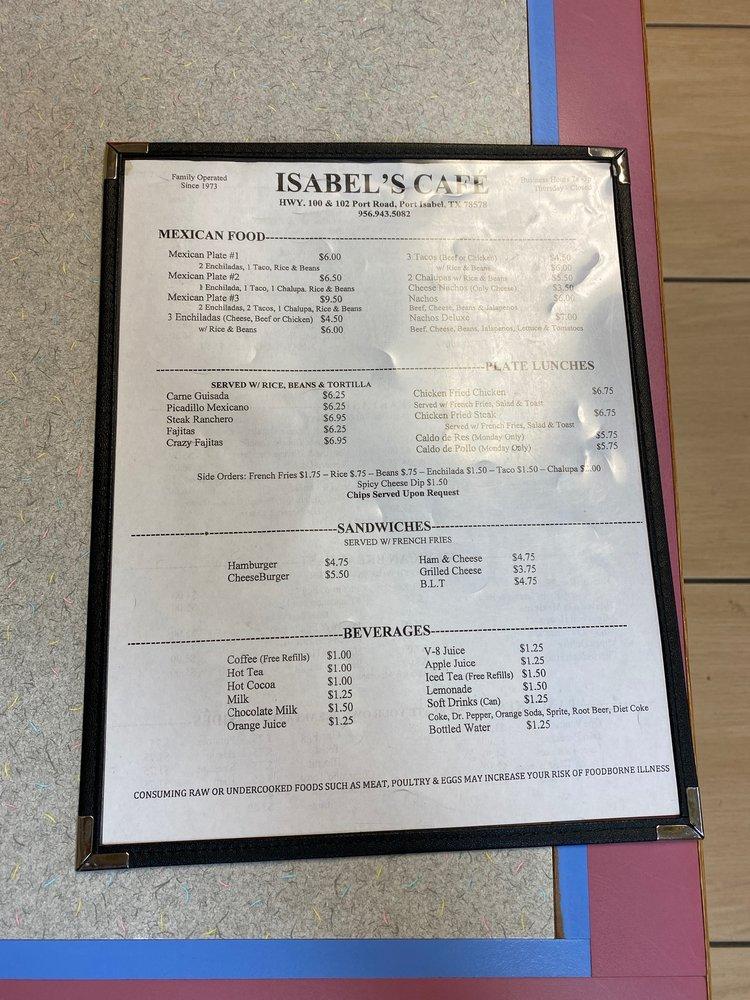 Menu at Isabel's Cafe, Port Isabel