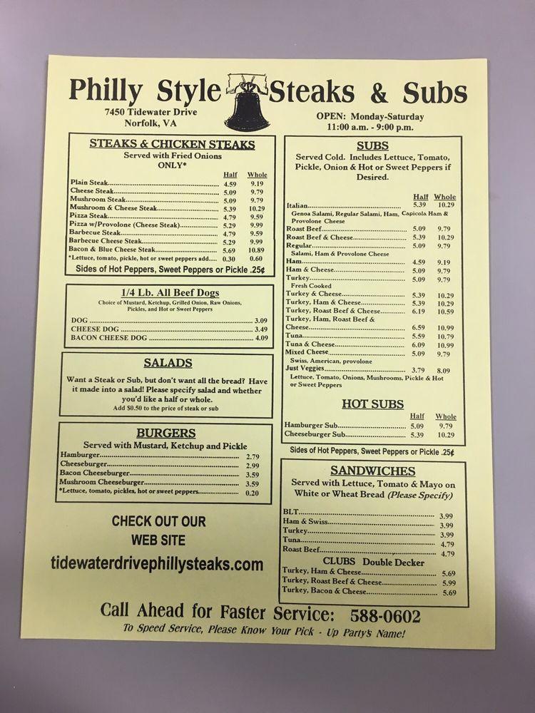 Menu at Philly Style Steaks & Subs restaurant, Norfolk, A Tidewater Dr
