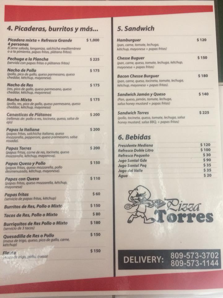 Menu at Pizza Torres restaurant, La Vega