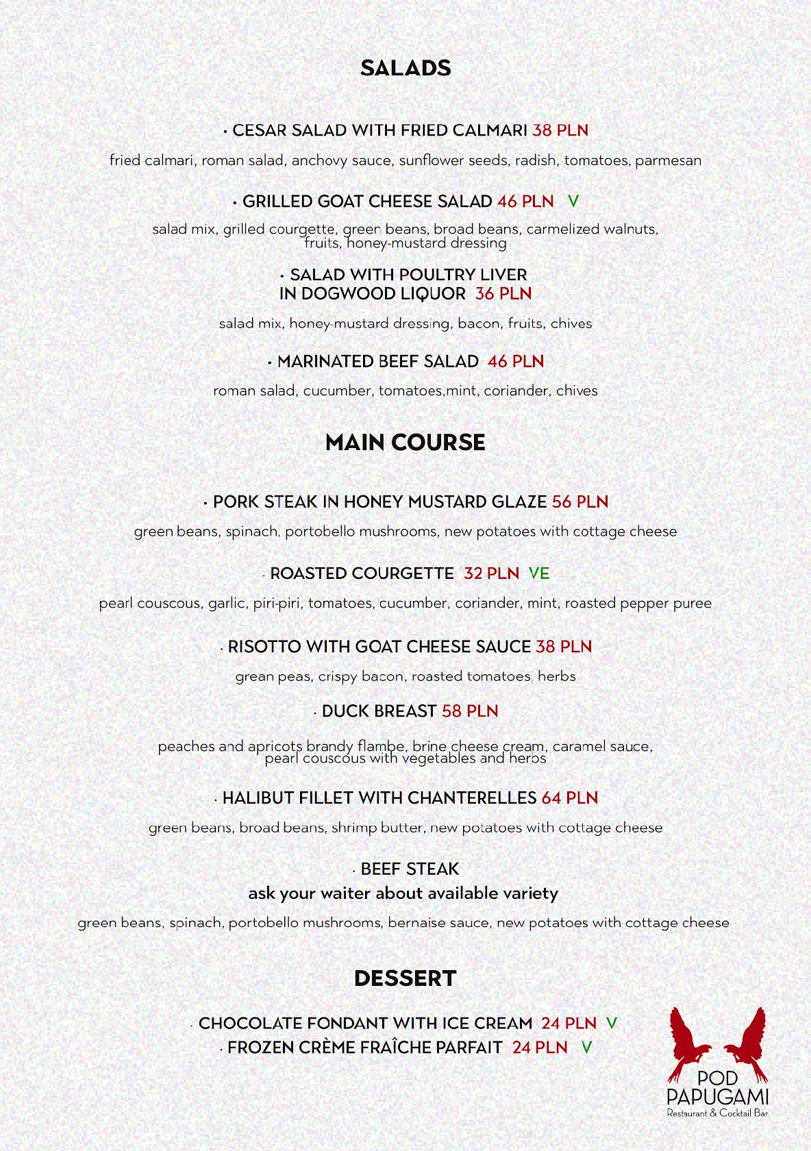 Menu at Pod Papugami Restaurant & Cocktail Bar, Wrocław, Sukiennice 9a