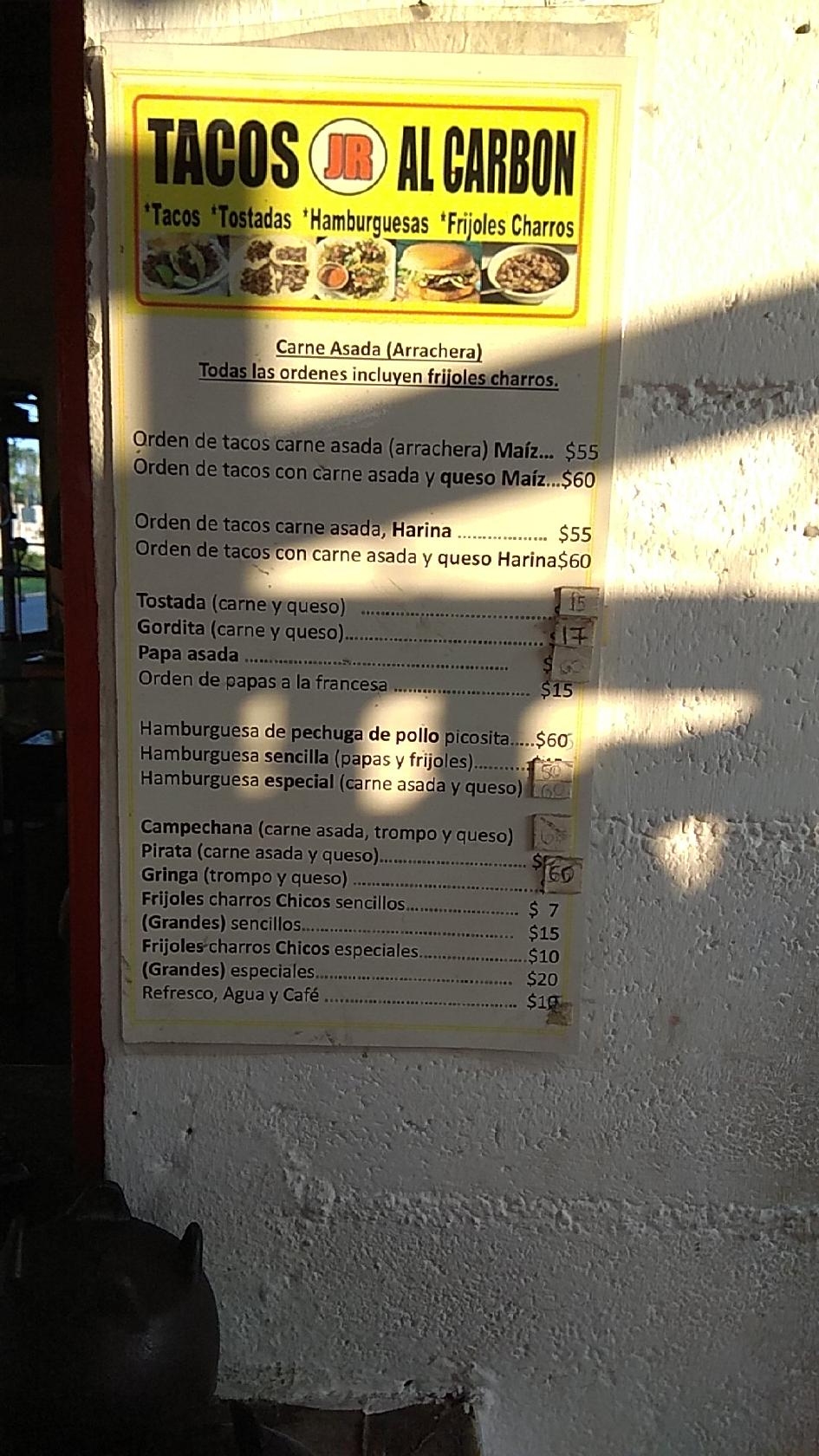 Menu at Tacos Jr. restaurant, Congregación Calles