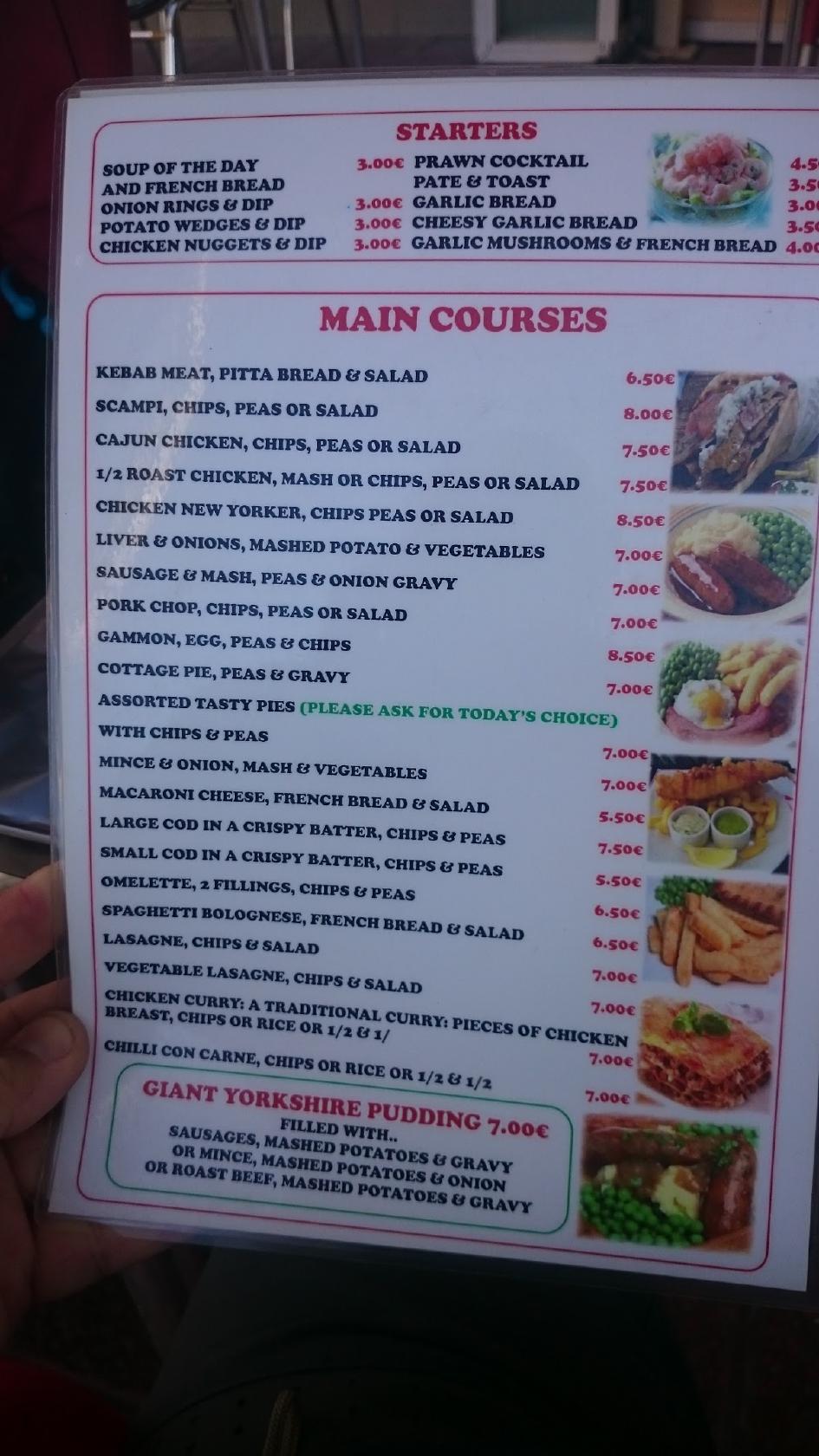 Menu at The Corner Bar, Benidorm