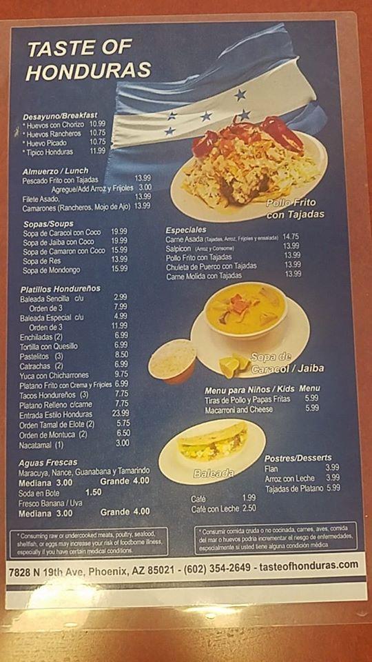 Menu at The Taste Of Honduras restaurant, Phoenix