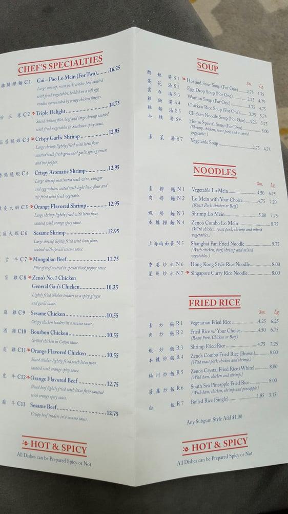 Carta del restaurante Zeno's II, Rehoboth