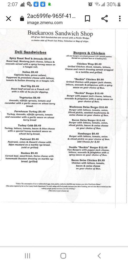 Menu at Buckaroos Restaurant café, Brenda