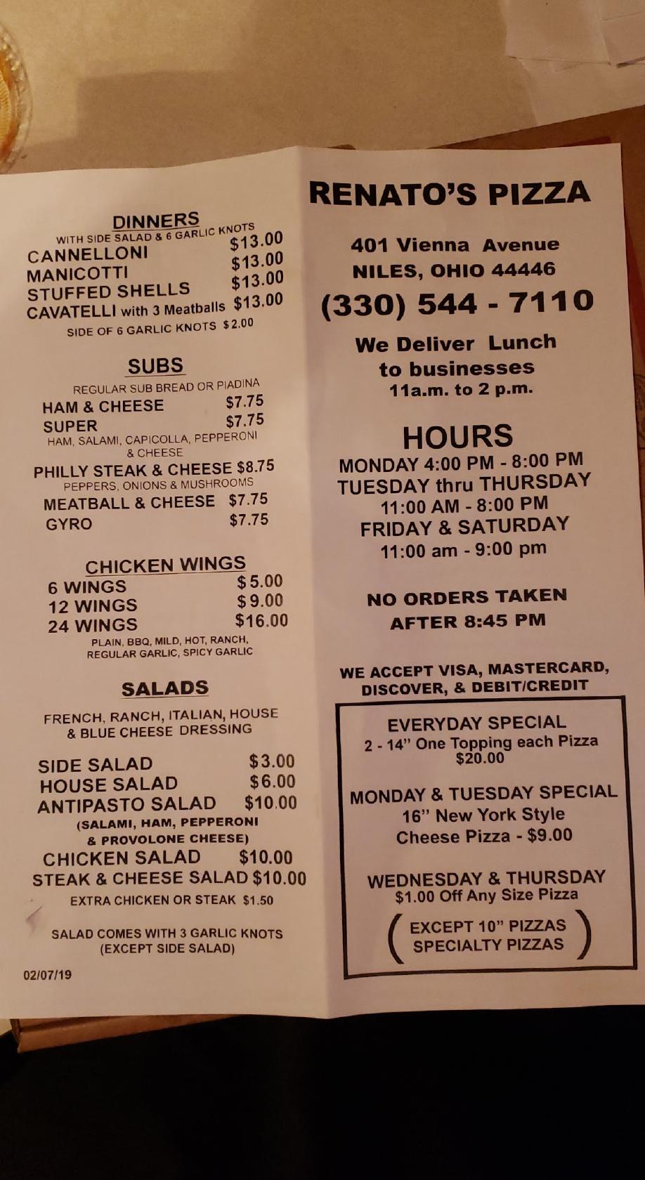 Menu at Renato's Pizza pizzeria, Niles, 401 Vienna Ave