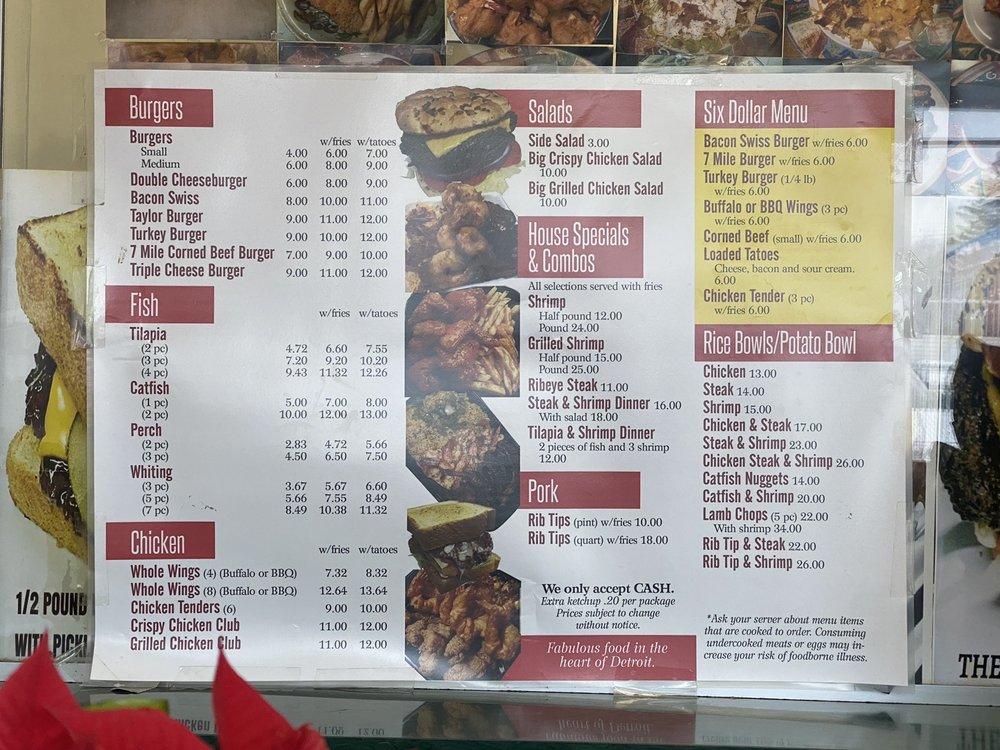 Menu at Taylor Made Burgers restaurant, Detroit, Seven Mile E