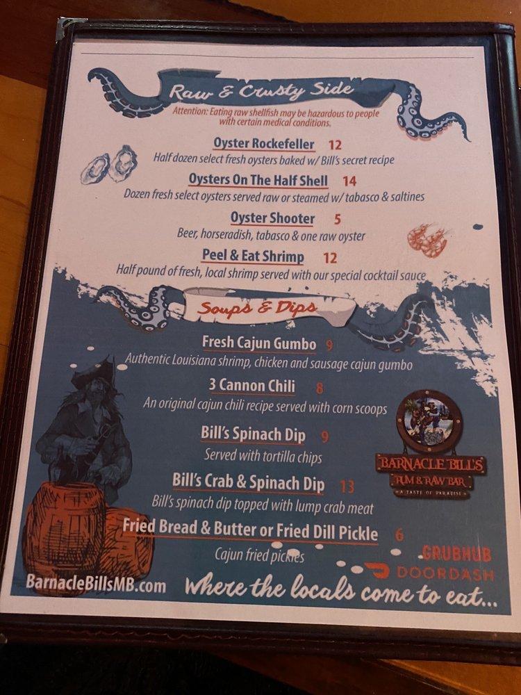 Menu at Barnacle Bills, Myrtle Beach