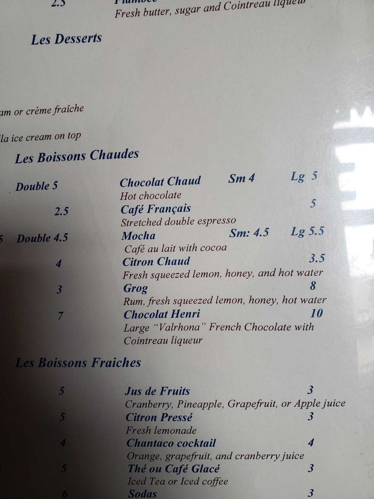 Menu at Café Henri cafe, New York City, 50th Ave