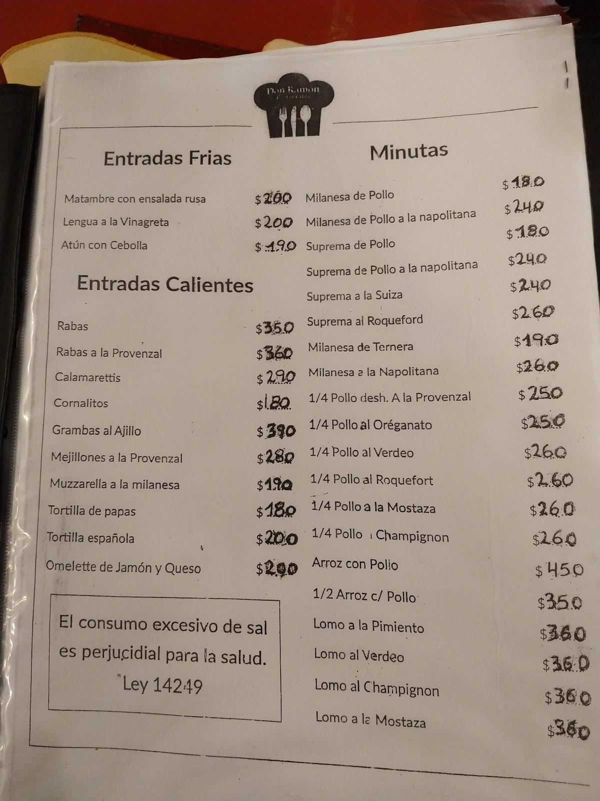 Carta del restaurante Don Ramón, Pinamar, Eneas