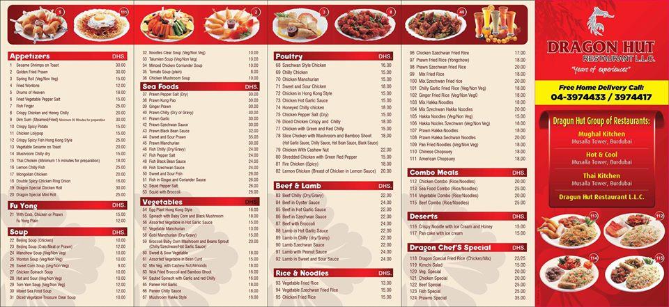 Menu at Dragon Hut restaurant, Dubai