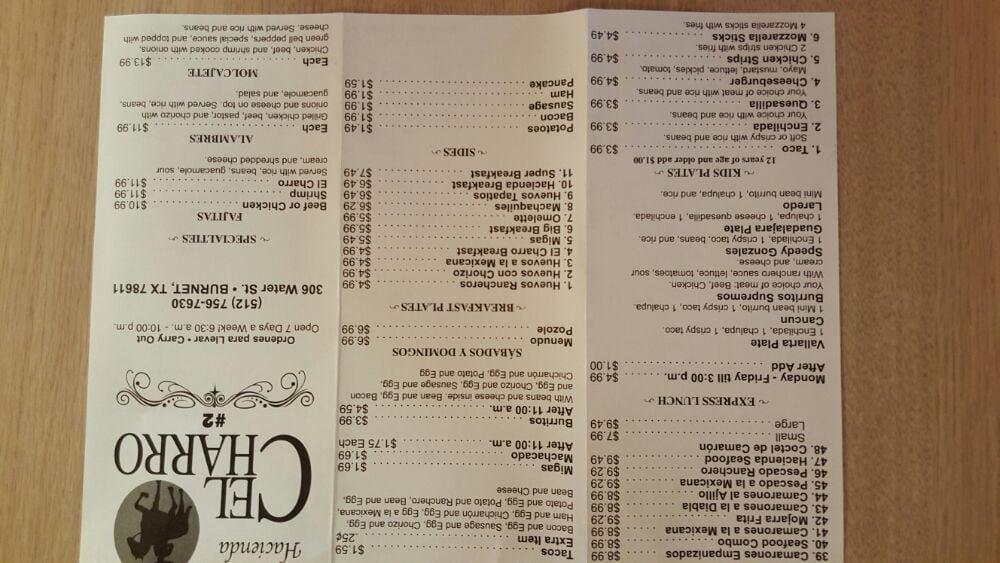 Menu at Hacienda El Charro restaurant, Burnet