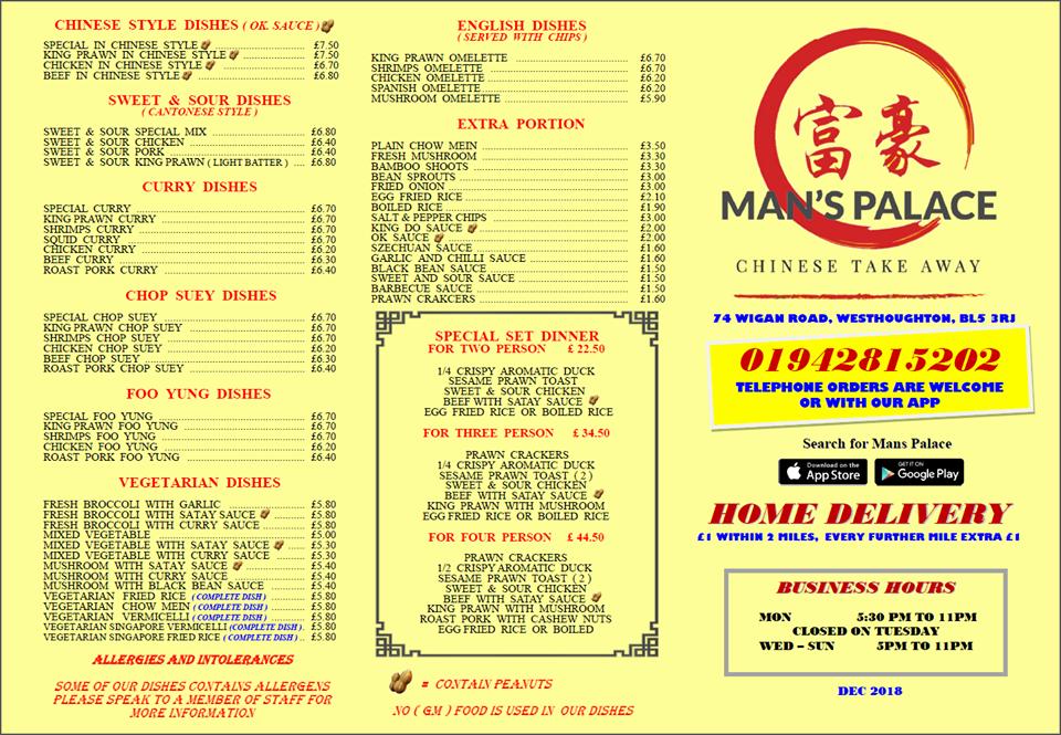 Menu at The Man's Palace restaurant, Bolton