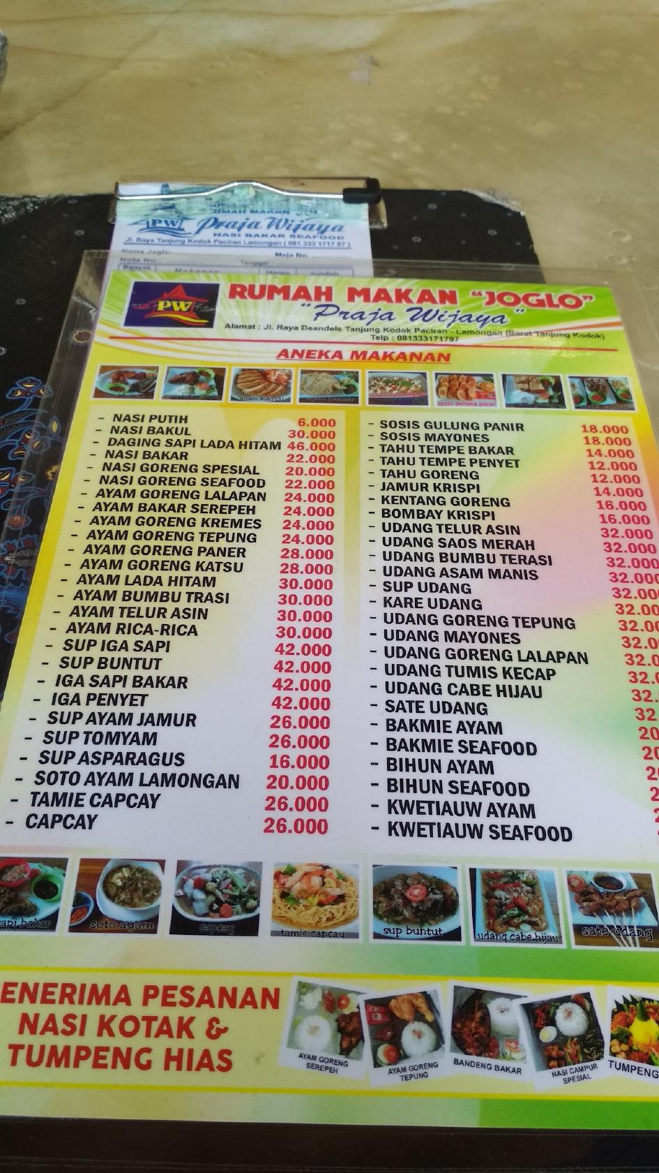 Menu at RM Joglo Praja Wijaya restaurant, Paciran