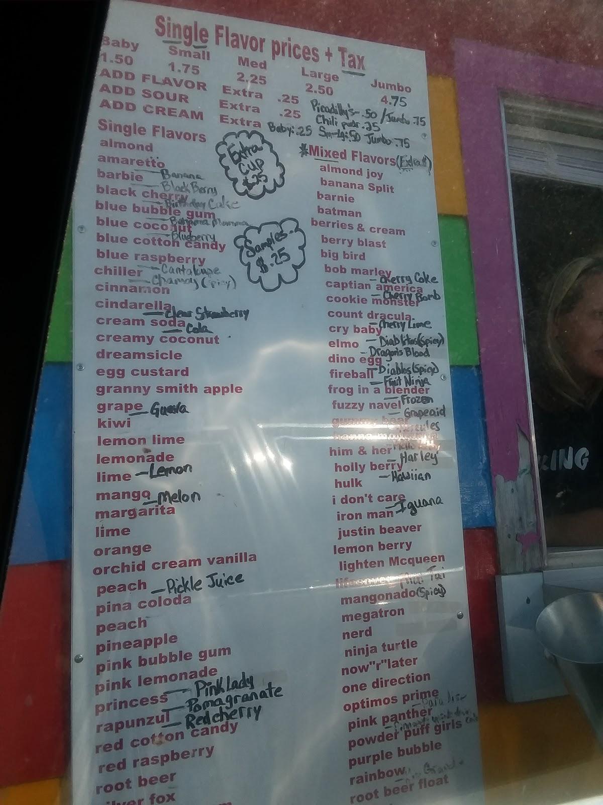 Menu at Snow King Snow Cones fast food, Red Oak