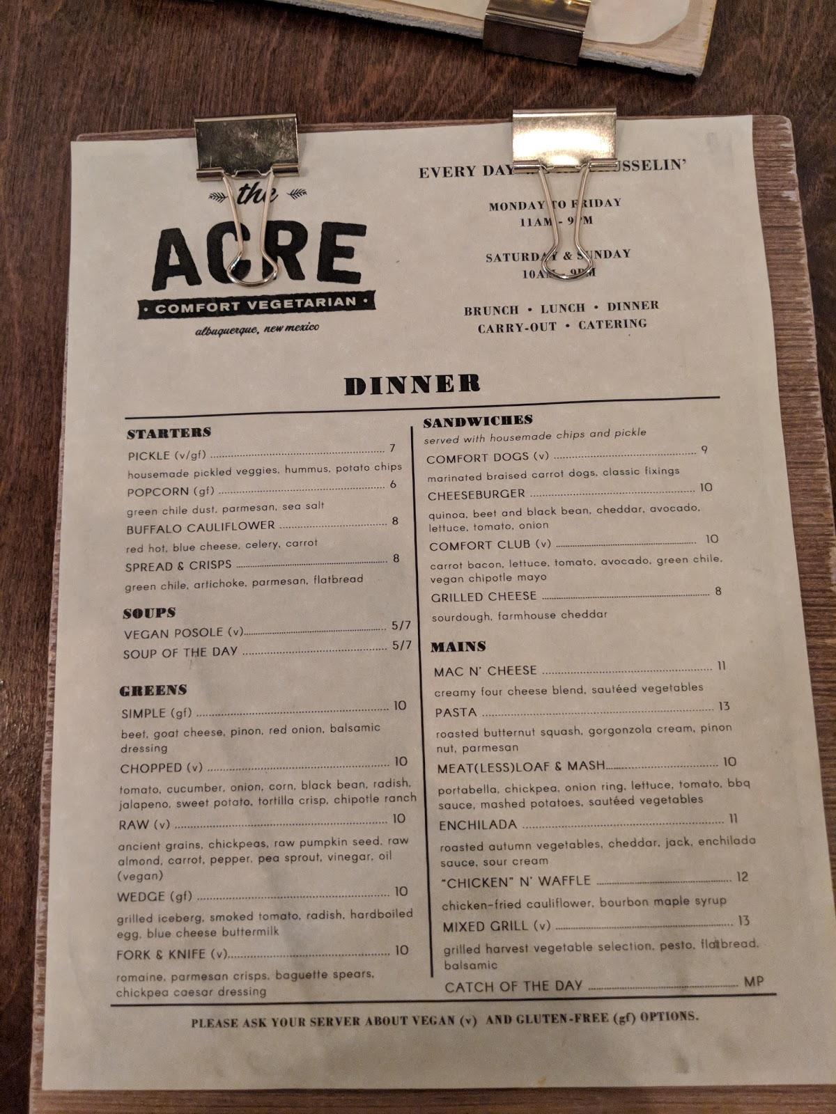 Menu at The Acre restaurant, Albuquerque