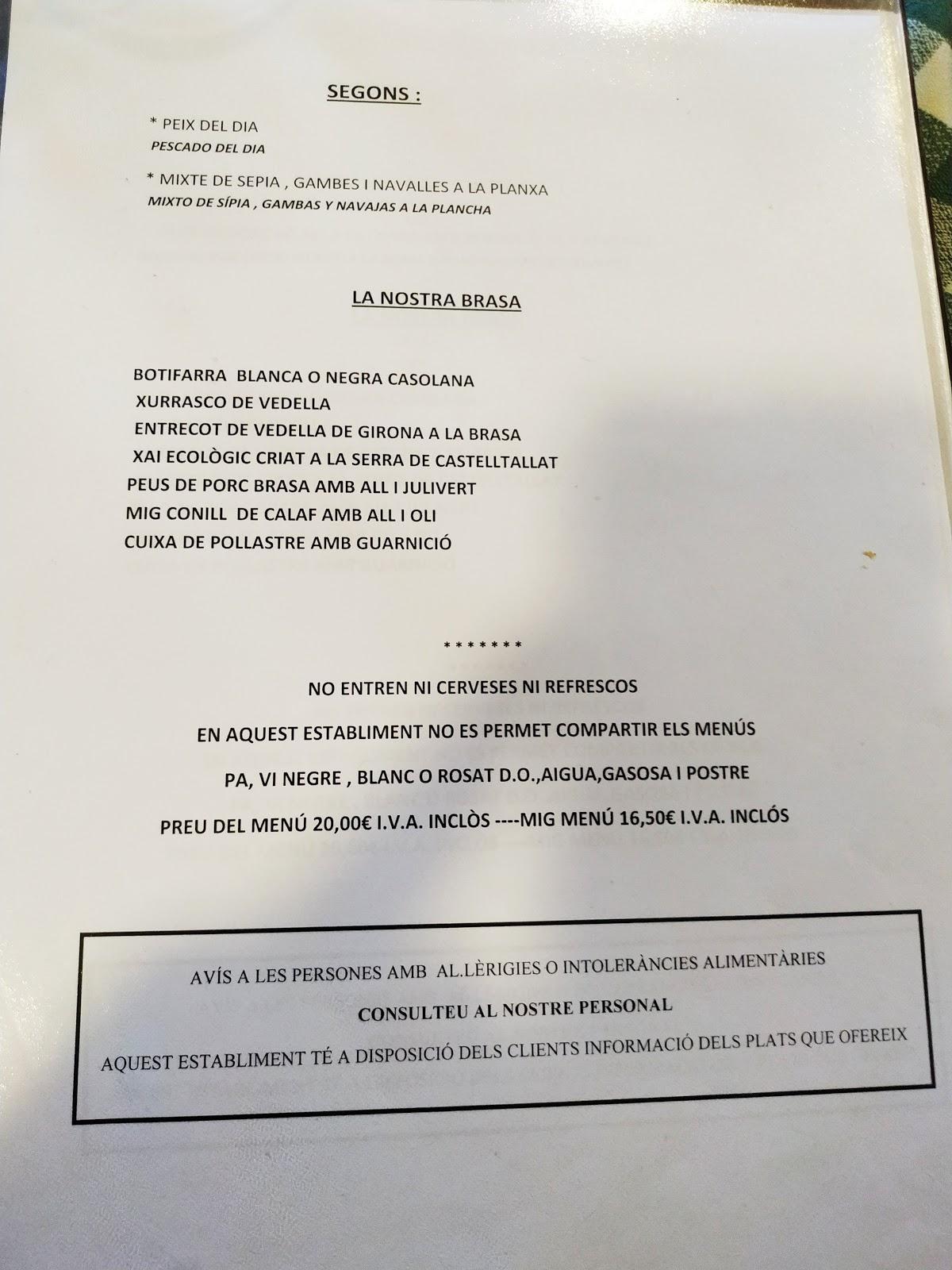 Carta del restaurante Cal Calet, Fonollosa