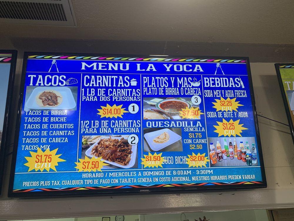Menu at Carnitas la Yoca restaurant, Tucson, S 6th Ave